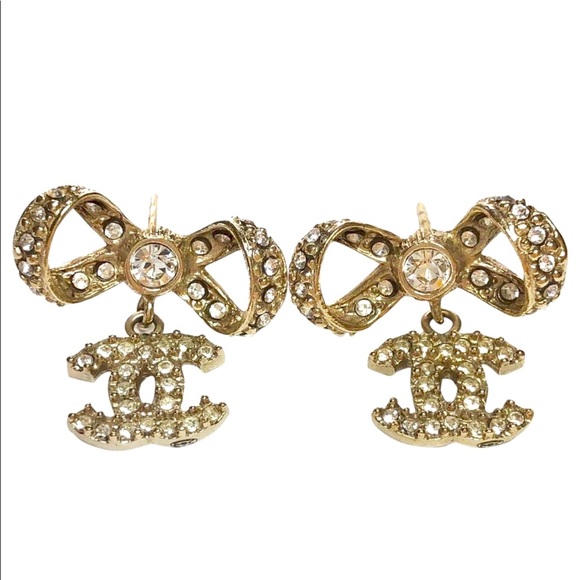 CHANEL | Jewelry | Authentic Crystal Cc Ribbon Bow Dangle 3s Stud ...